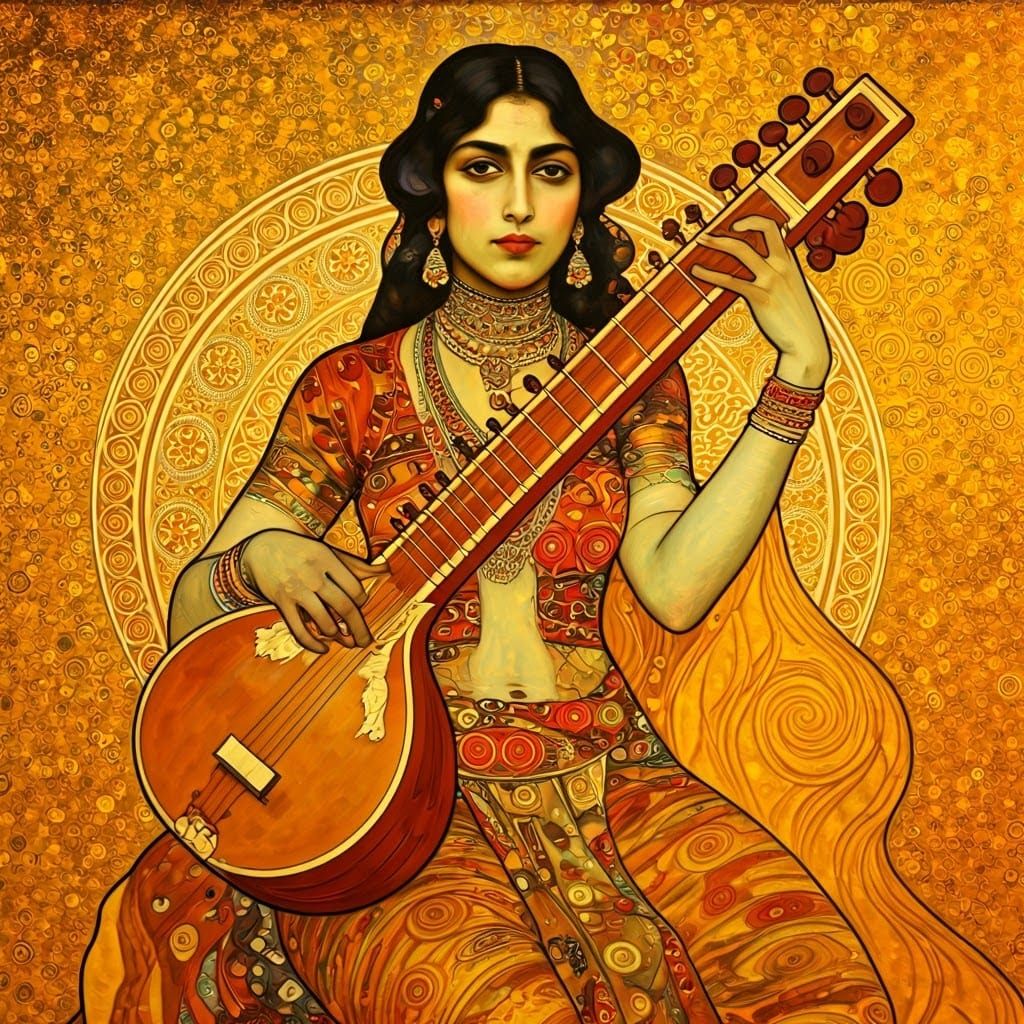 Indian woman playing a sarod. - Elegant Indian Woman Plays S...