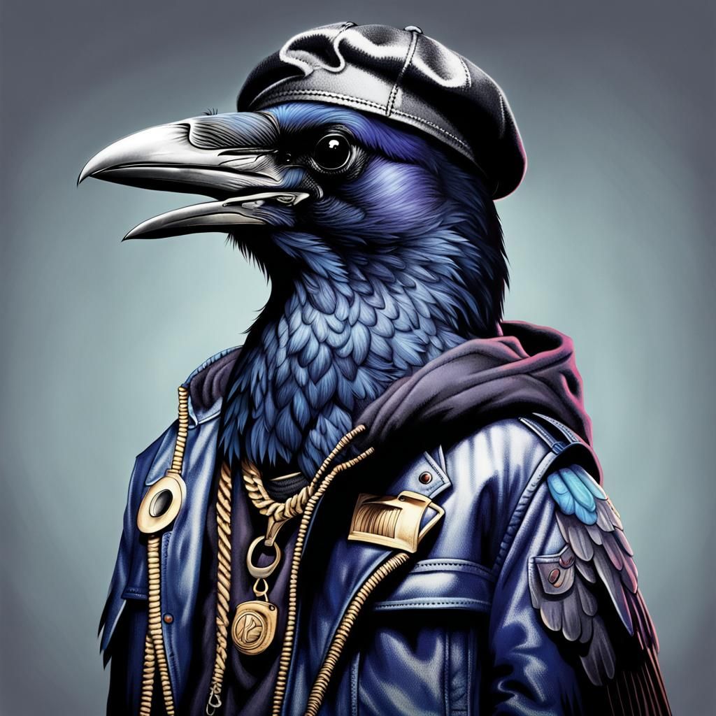 ultra realistic anthropomorphic raven bird dressed as a rapper with gun ...