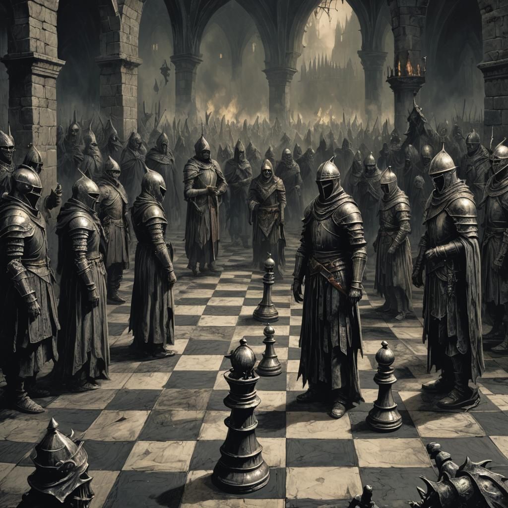 Real people as chess pieces on a chess board, dark souls, horror ...