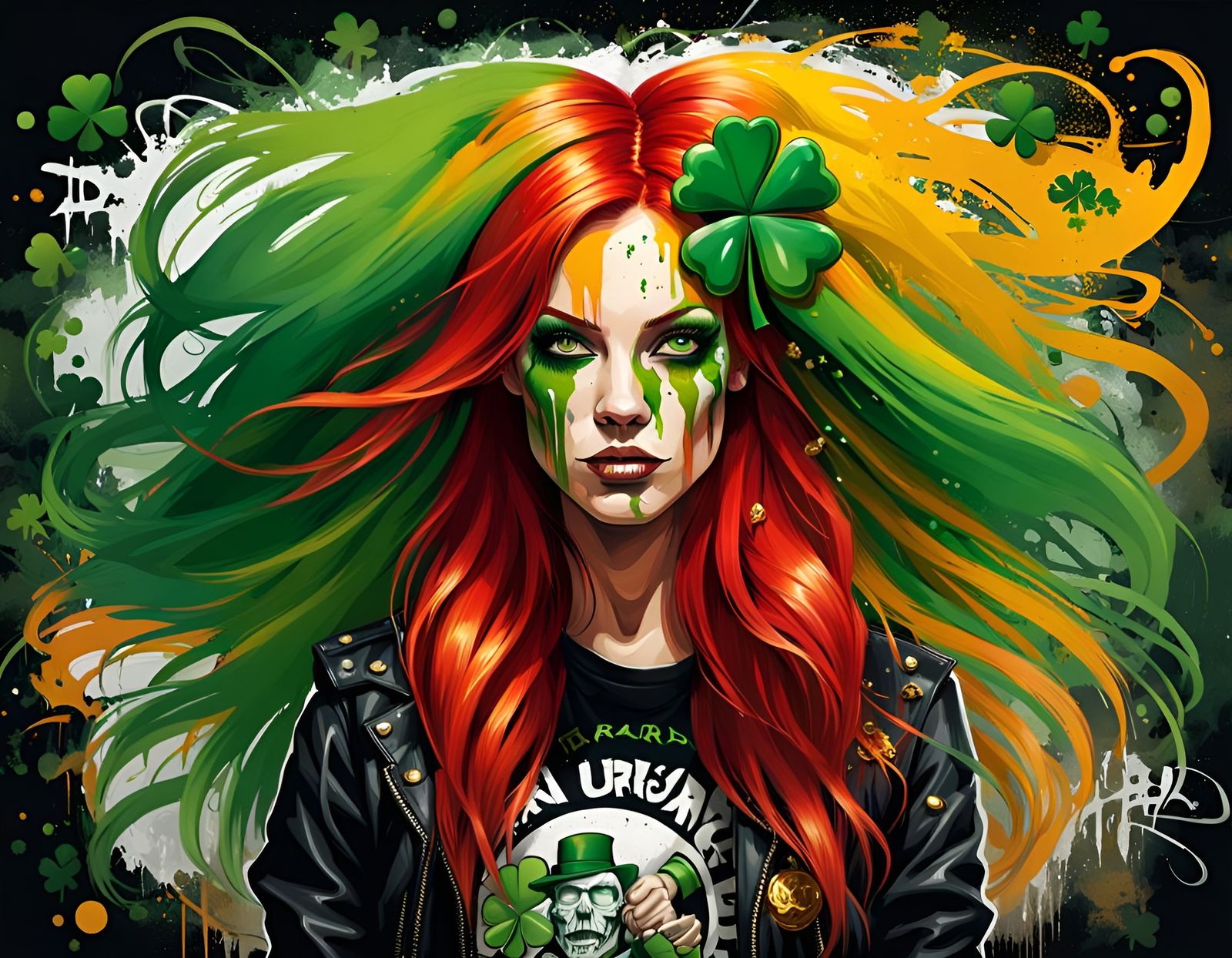 st.patrick's day rocker chick with long red hair with green and gold ...