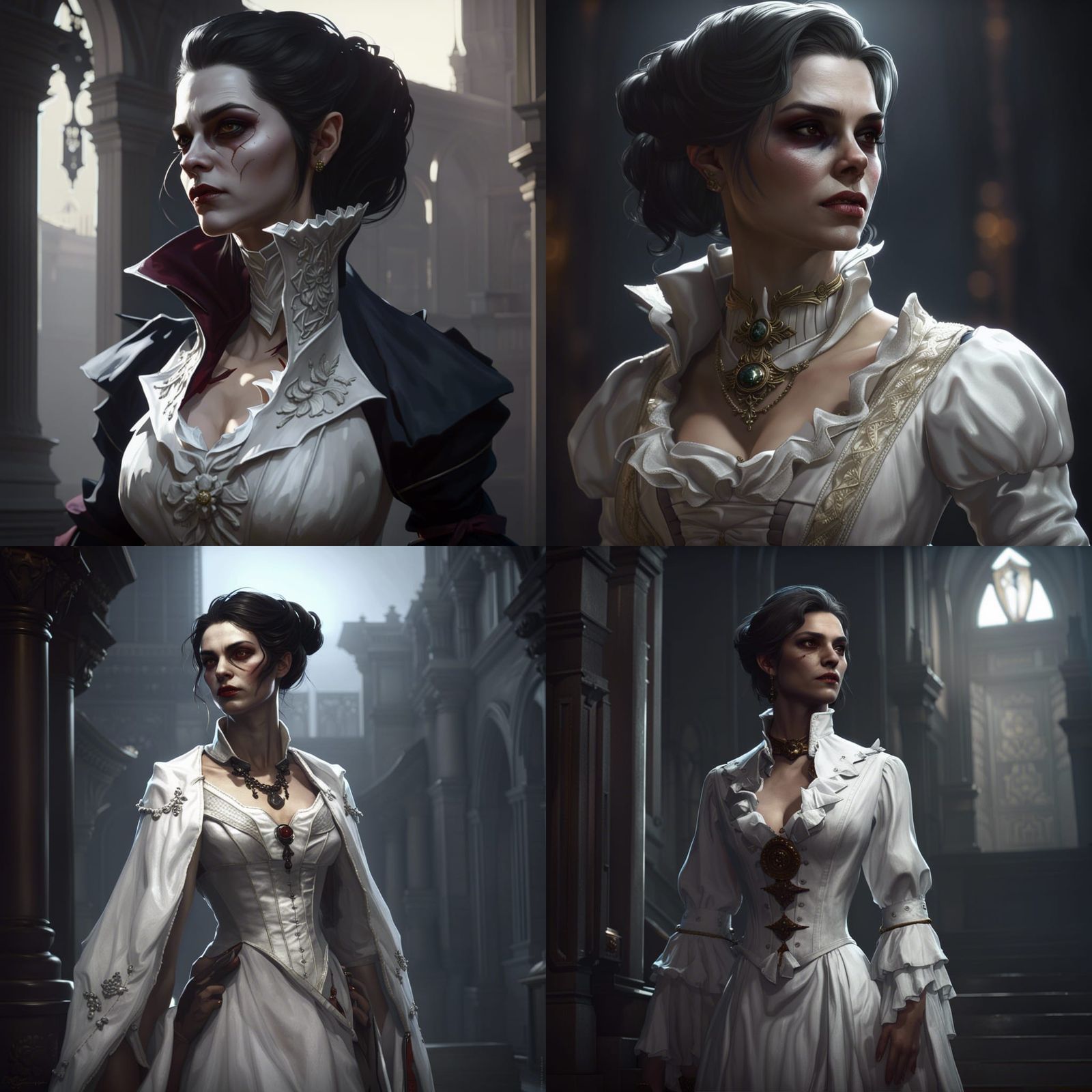 white regency dress female vampire, dishonored style, pale, masterpiece, 8k resolution, dark ...