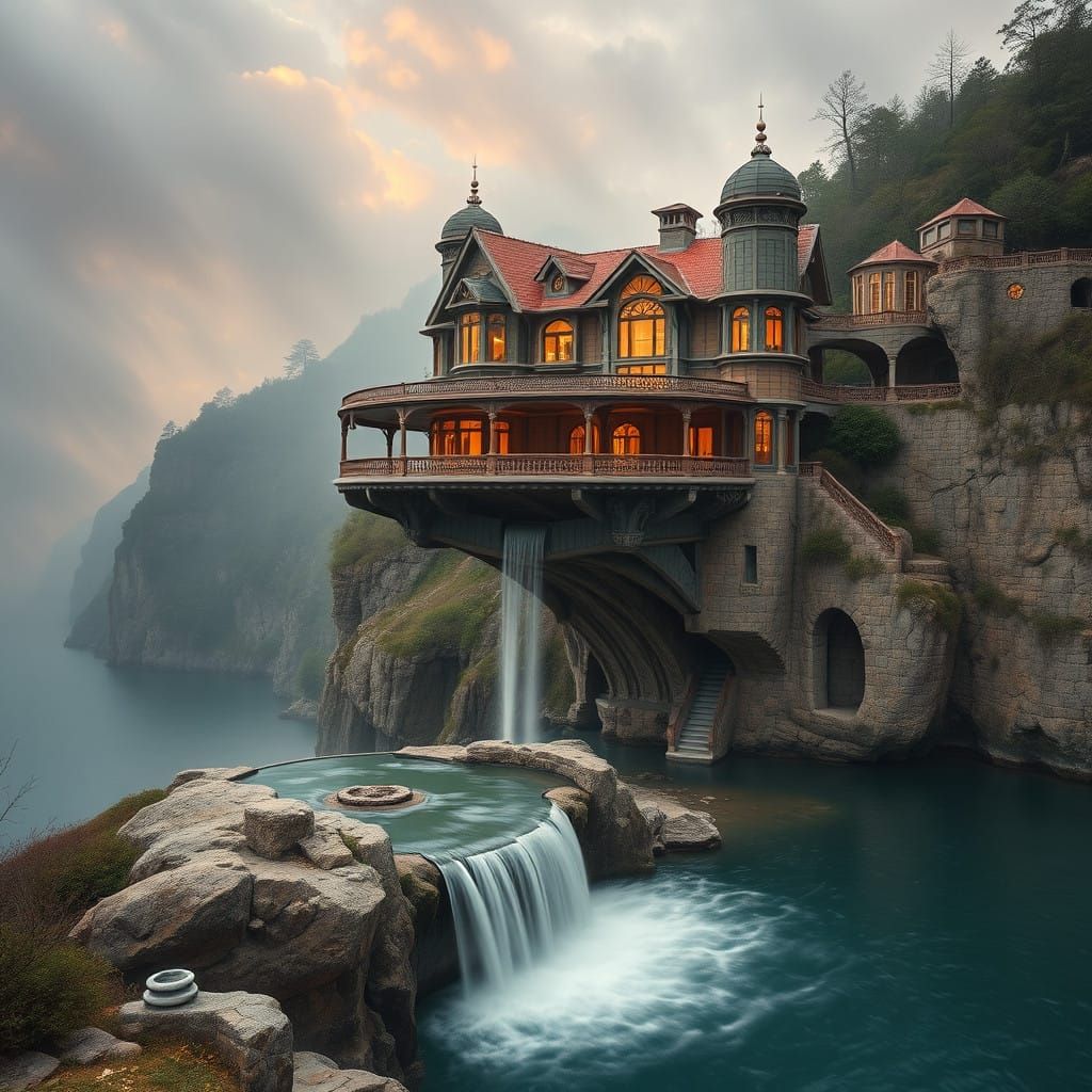 Surreal Cliffside Mansion Blends Art Deco and Futu... - AI Art