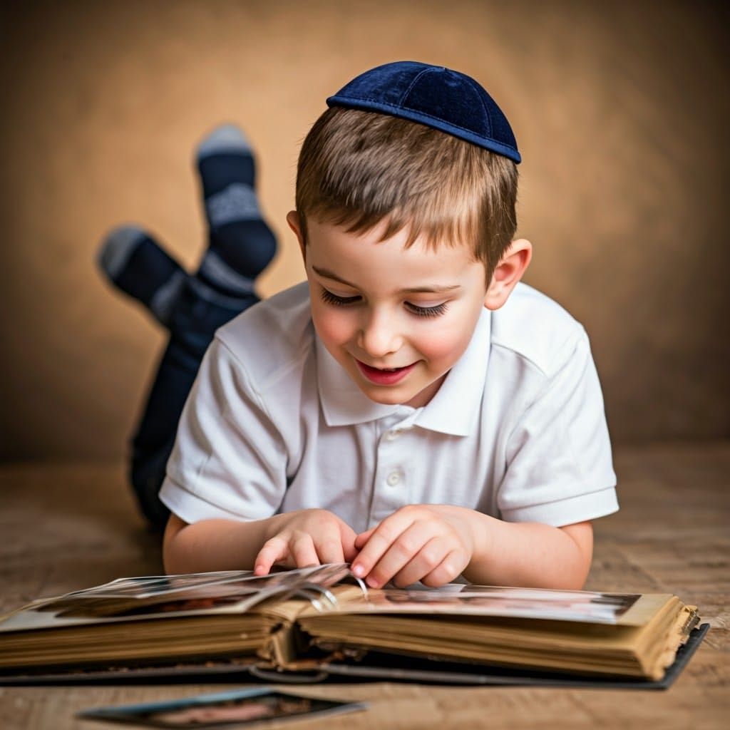 Joyful Boy Reminisces Through Vintage Photo Album - AI Art