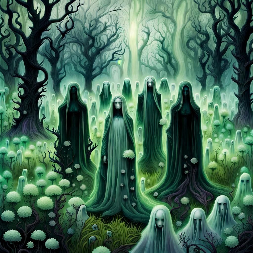 Ghostly, spectral people standing in a field of ghastly green flowers ...