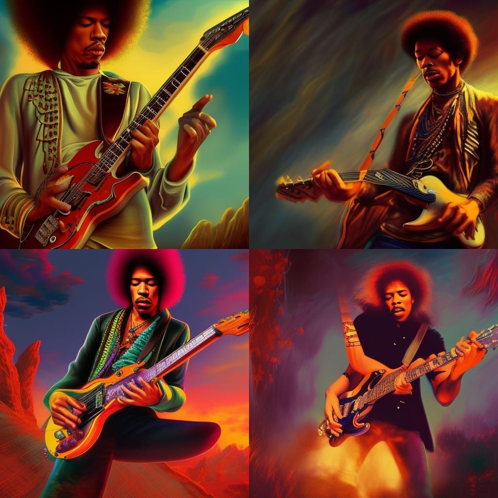 jimi hendrix playing guitar detailed matte painting, deep color, fantastical, intricate detail ...