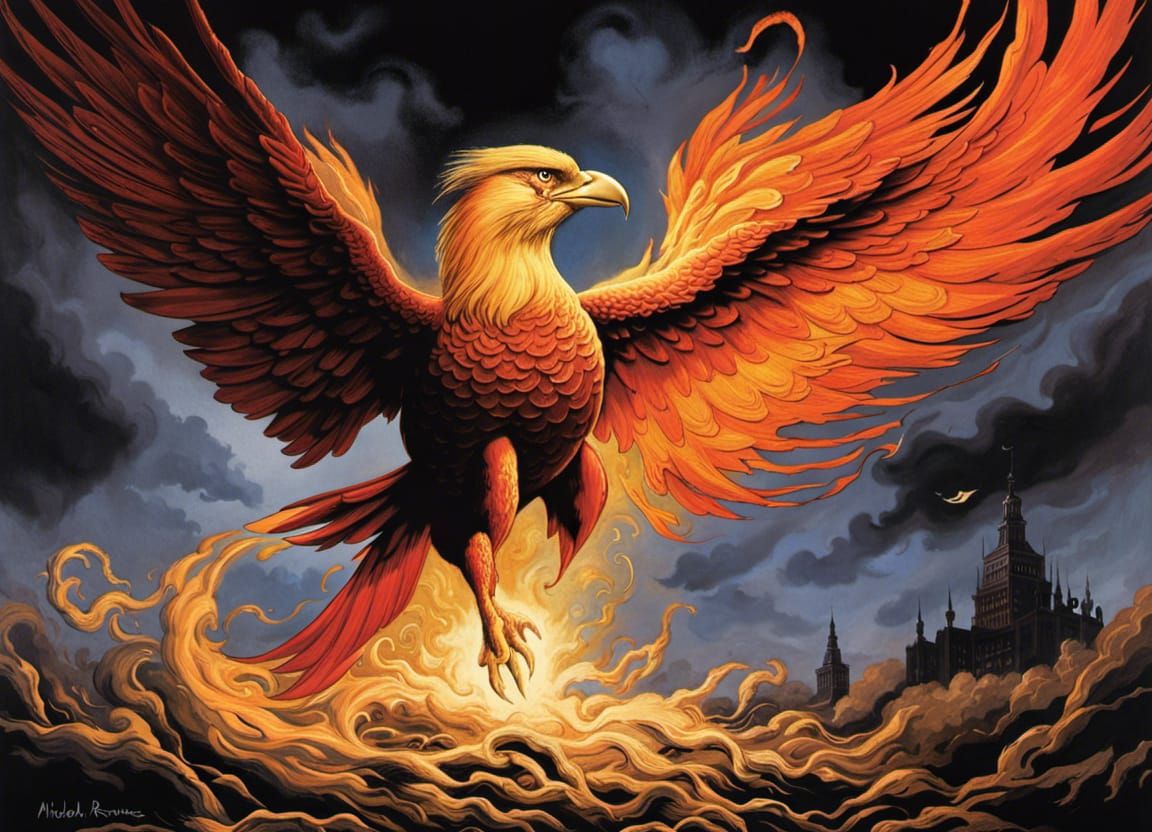 symbolic political cartoon depicting Trump as rising phoenix while ...