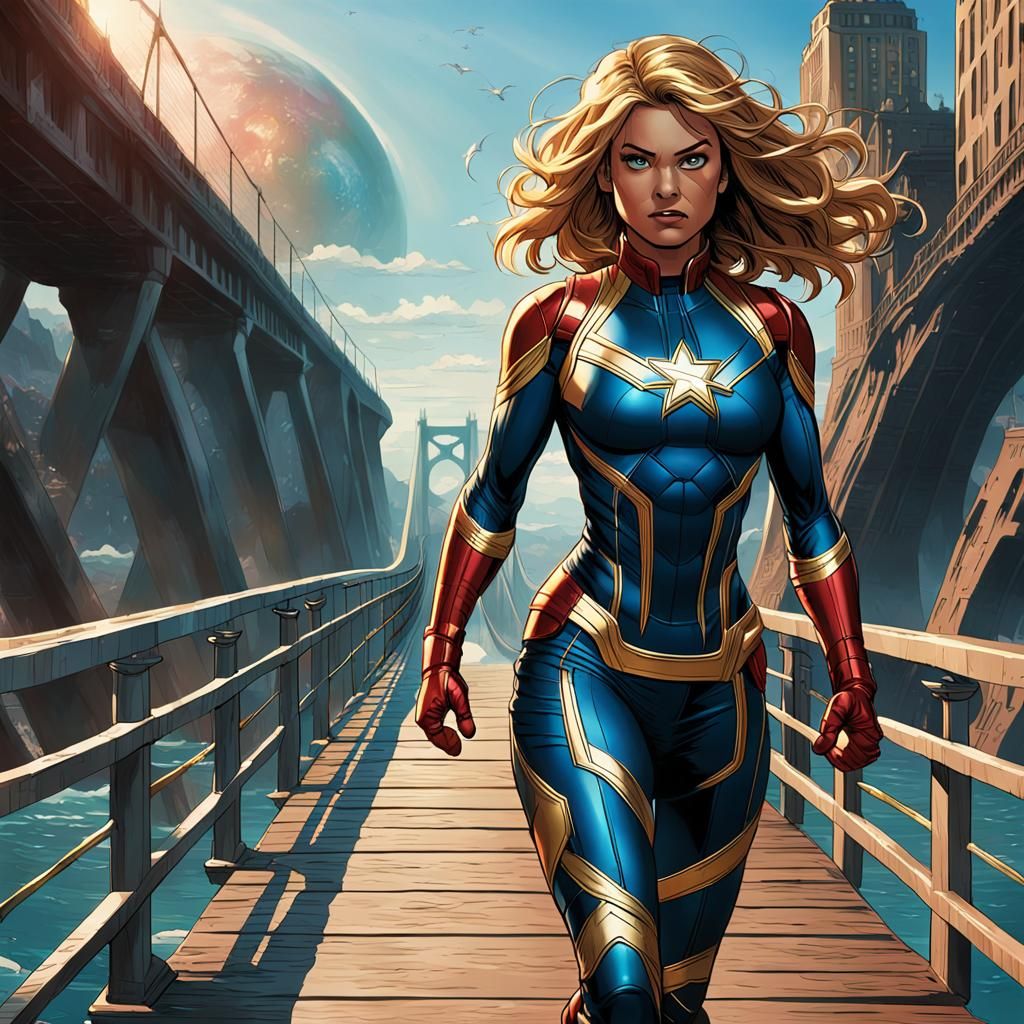 Ms Marvel walking on a bridge in the planet Neptune. - AI Generated ...
