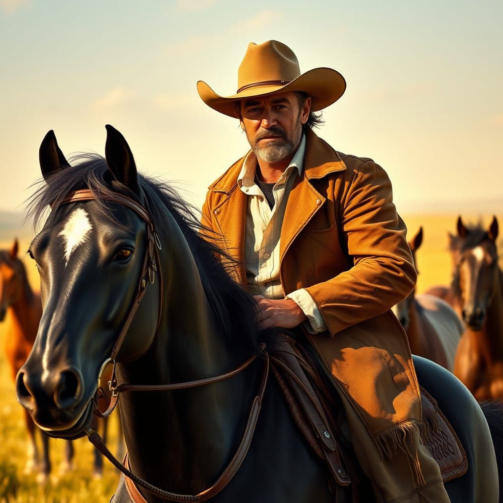 Majestic Cowboy Rides Through Springtime Plains wi... - AI Art