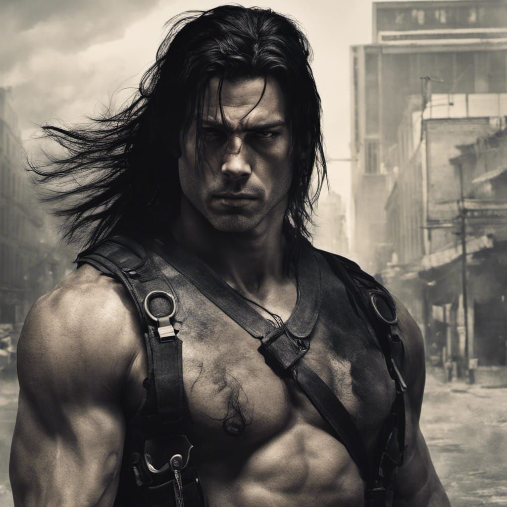 Villan, tall man. Black hair, buff, long hair, police officer - AI ...