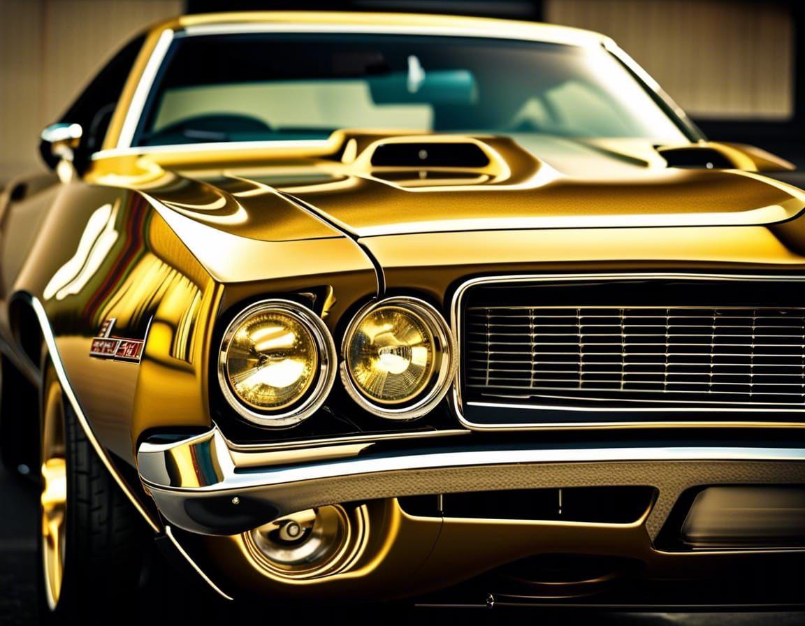 Photo of a 1970s USA muscle car, gold chrome paint job, fat slick tyres ...