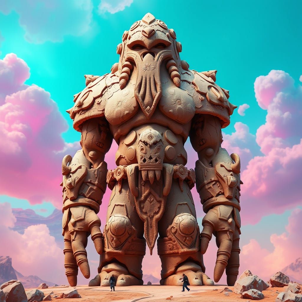 Majestic Pastel Clay Golem in Fantasy Landscape - AI Art