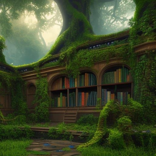 an overgrown library - AI Generated Artwork - NightCafe Creator