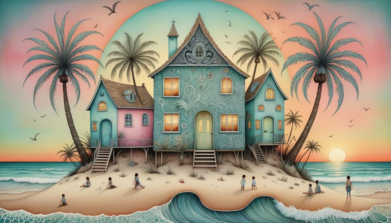 Whimsical, bizarre, twisted, bending beach-holiday-house on a sunset beach