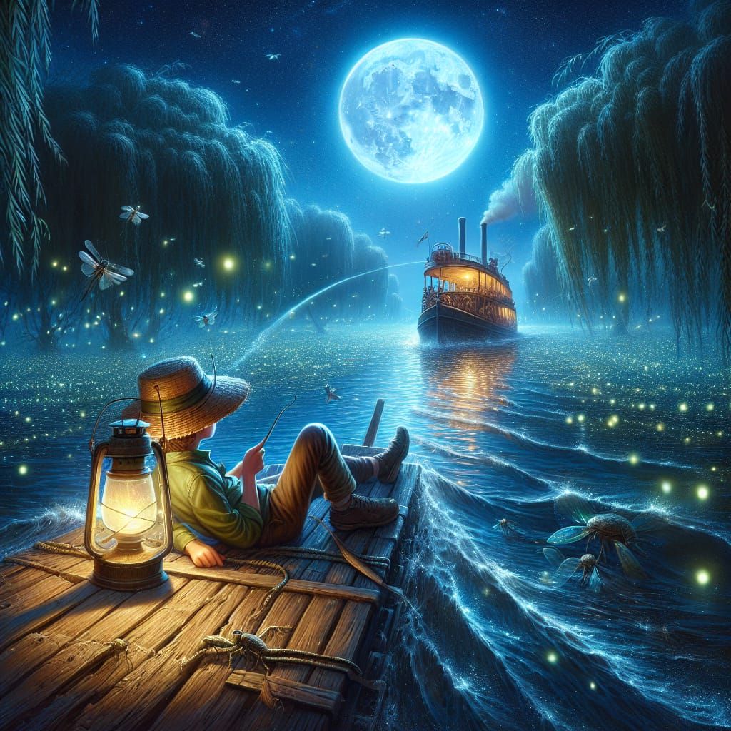 Moonlit Reverie: Huckleberry's Enchanted Voyage - AI Generated Artwork - NightCafe Creator