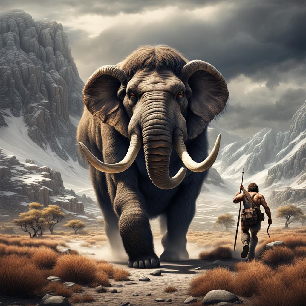 Prehistoric man going for hunt, mammoth , 2d view, landscape ...