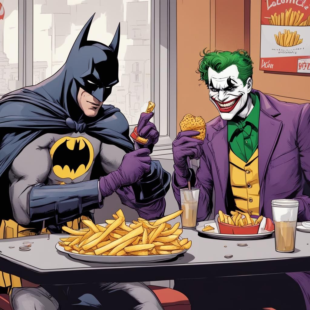 Batman and joker are wearing Hip Hop clothes and enjoyeating fries ...
