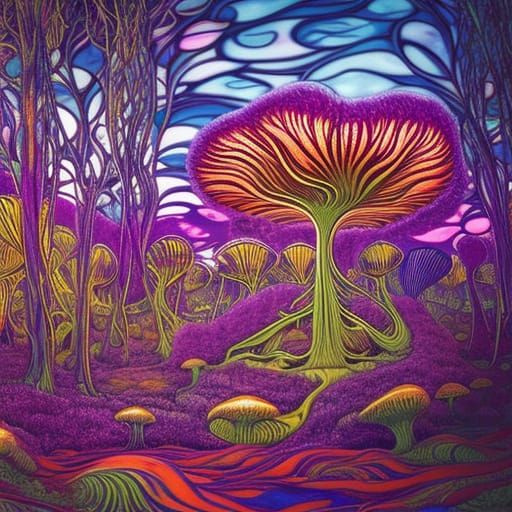 psychedelic mushroom forest, art Nouveau expressionism psychedelic art ...