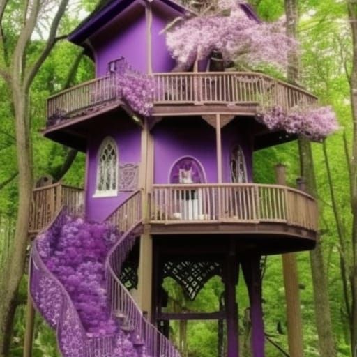 Legendary dreamy gothic purple treehouse with purple blossoms in the ...