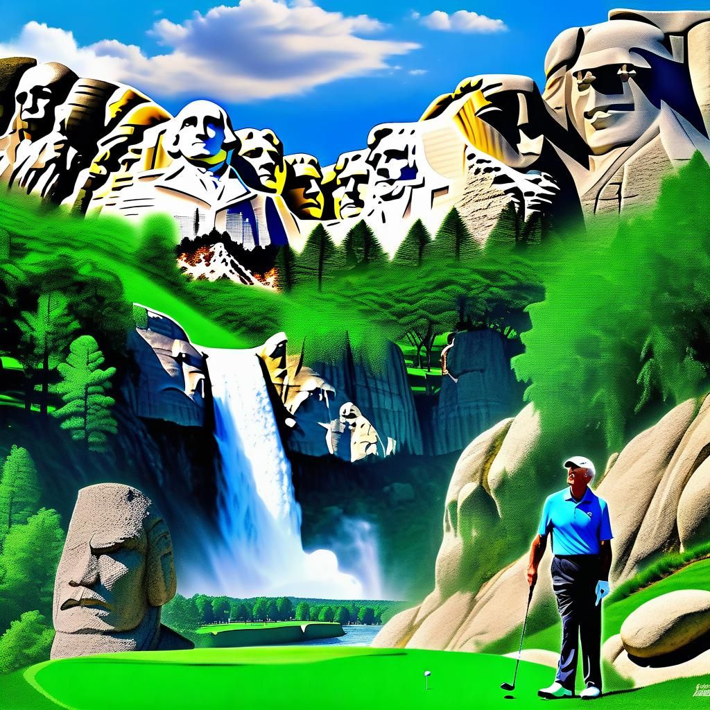 Realistic. George Washington playing golf next to a waterfall and mt ...
