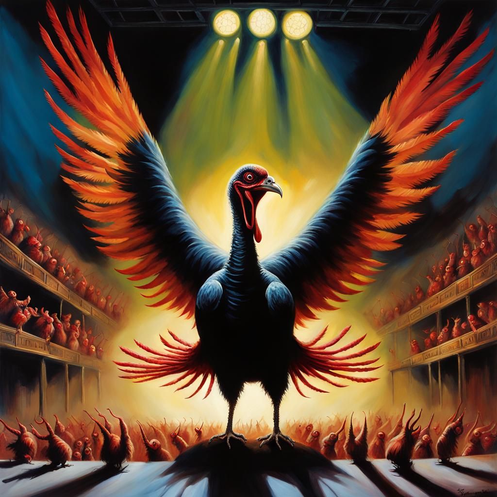 Surreal sinister evil turkey with its wings splayed wide looms above a ...