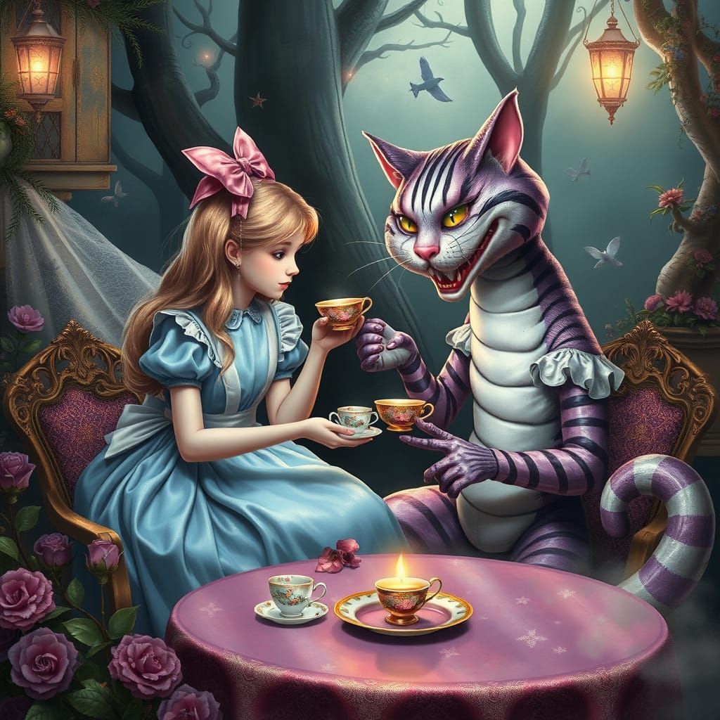 Alice and a Sinister Cheshire Cat have a bit of Tea