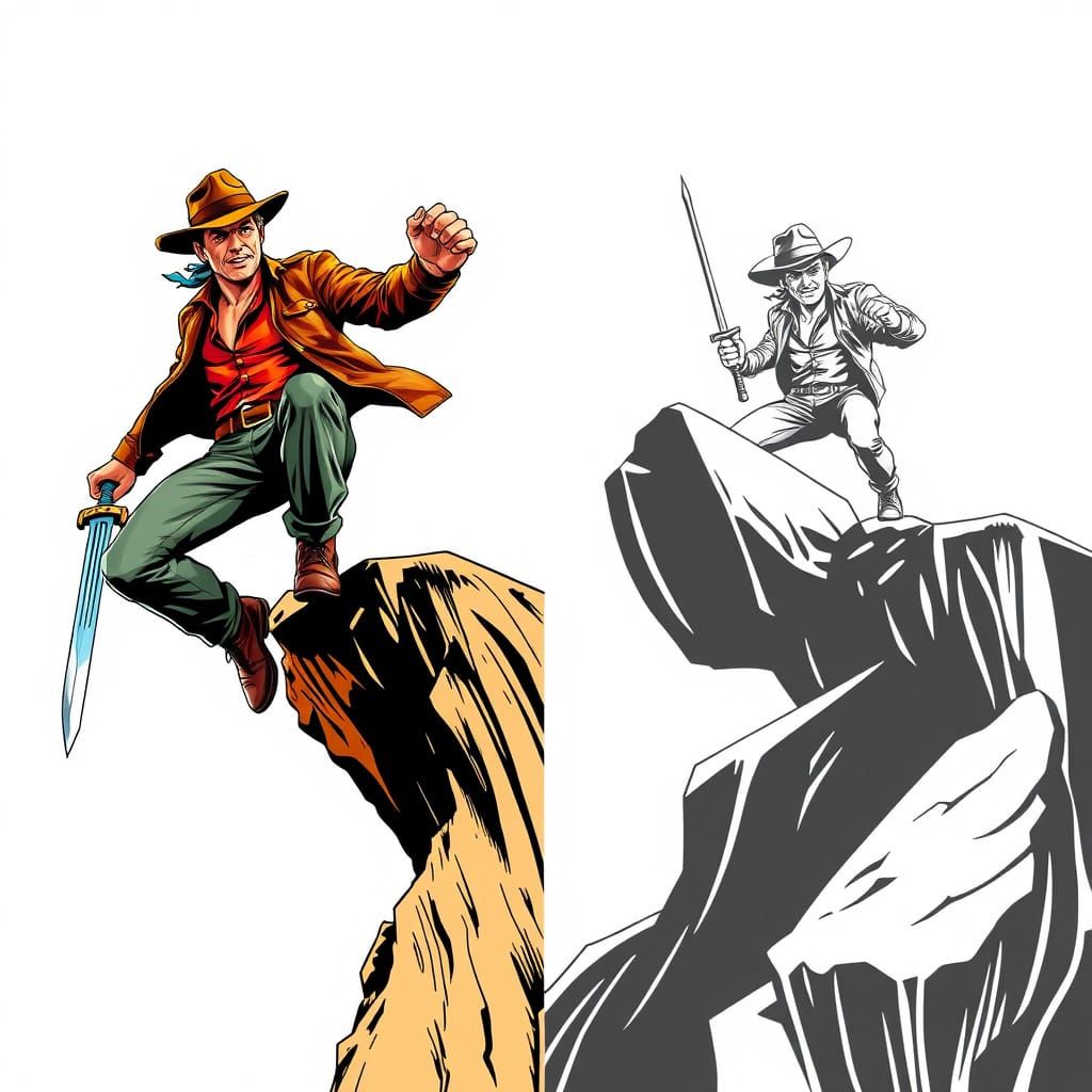 Daring Adventurer Leaps Off Cliff in Vibrant Pulp ... - AI Art