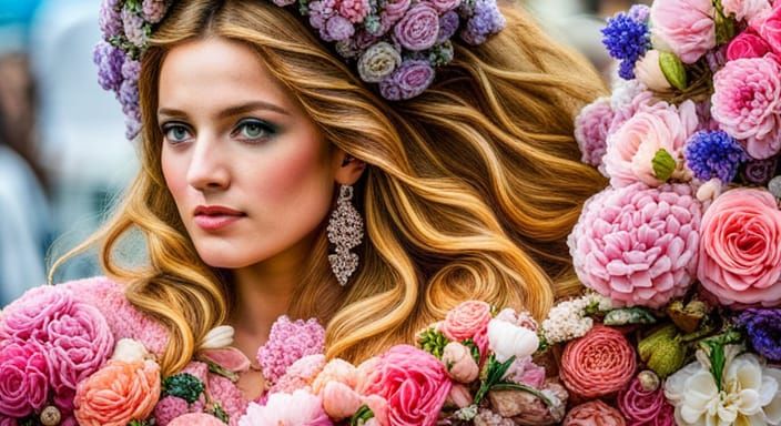 Beautiful Goddess Covered In Miniature Flowers On Flower Covered Float ...