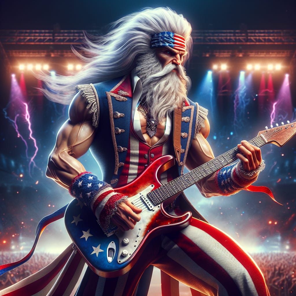 The image is of Uncle Sam traditional Uncle Sam clothing. He is lean in ...