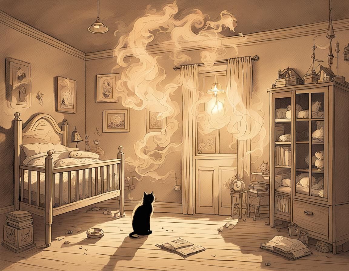 A wispy, transparent figure of a cat formed from the smoke of a candle ...