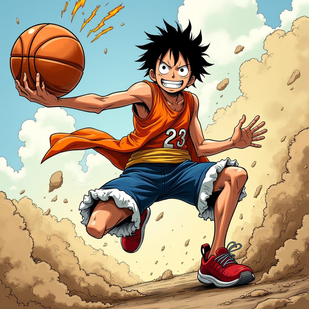 Luffy in Gear 5, Shooting a Basketball in Vibrant ... - AI Art