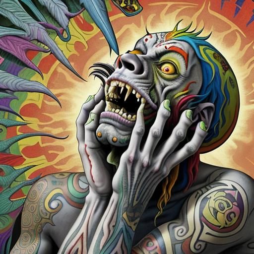 Tattooed albino contortionist hippy freak, colorful, created by the ...