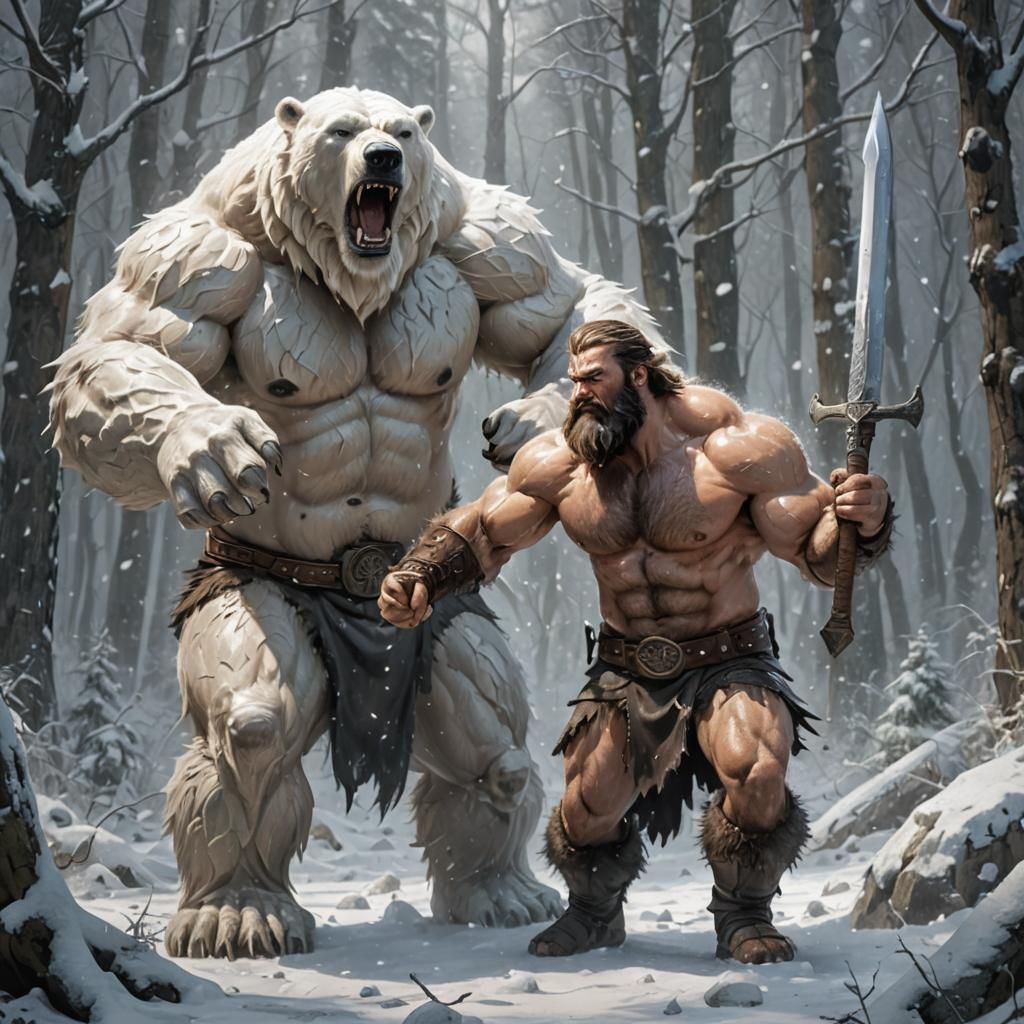 A CGI cartoon 3-D rendering of a muscular, bearish, long beard, (rugged ...