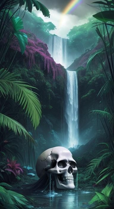 A huge rainbow colored skull in a jungle with a waterfall pouring down ...
