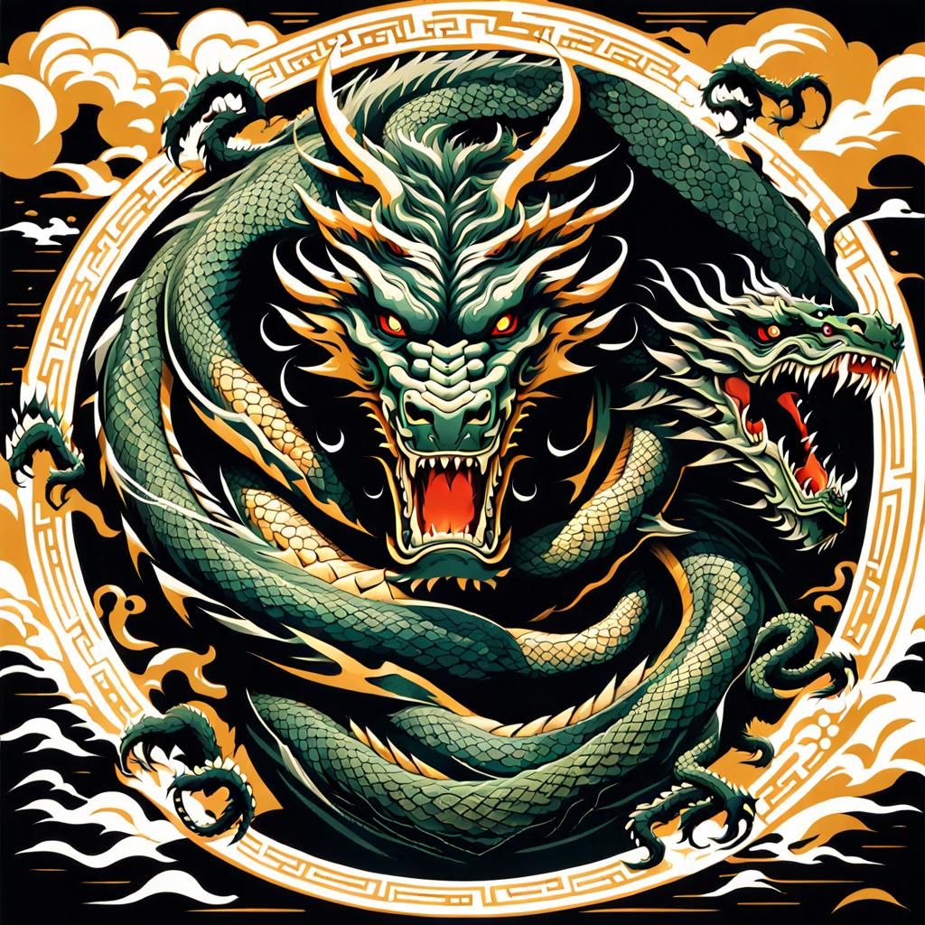 Yamata dragon, hydra, enraged serpentine orochi with several heads ...