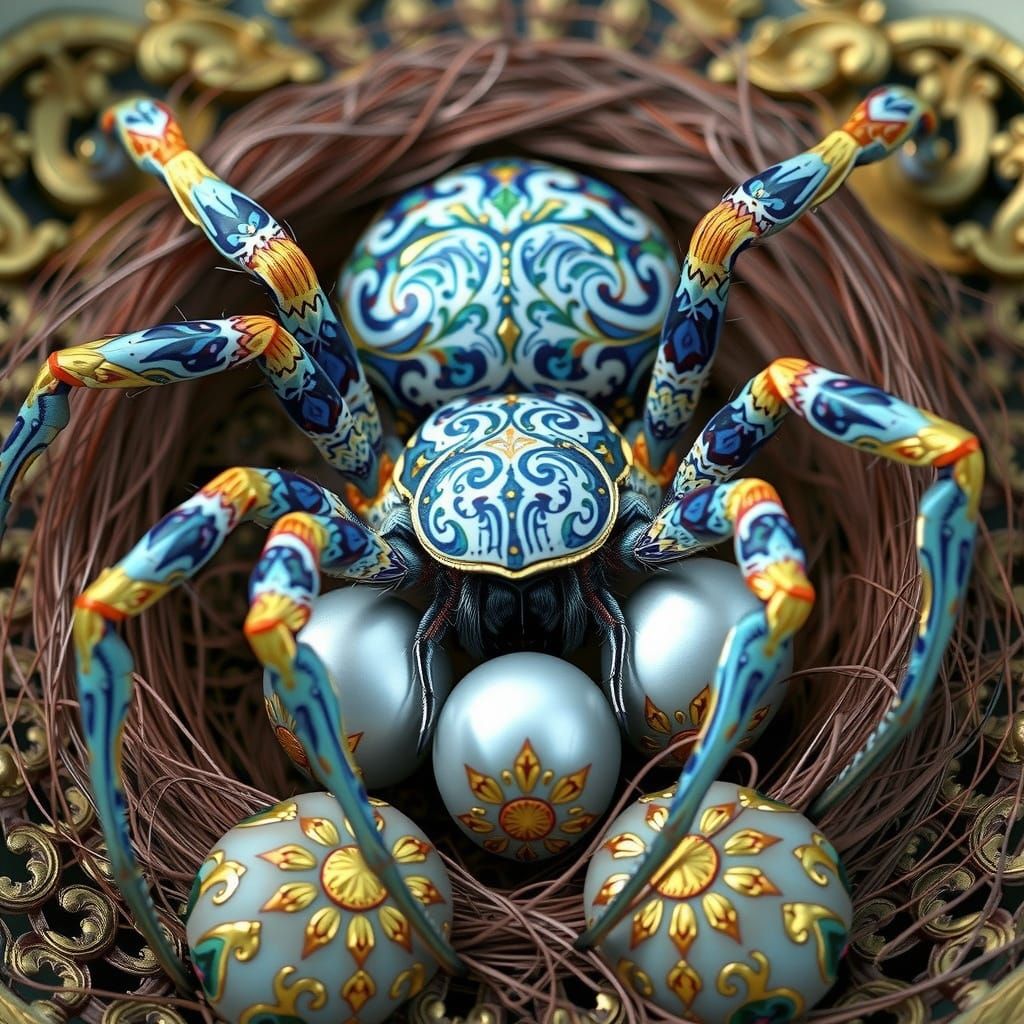 A spider (with wings) Made of azulejo's white and blue symmetric ...