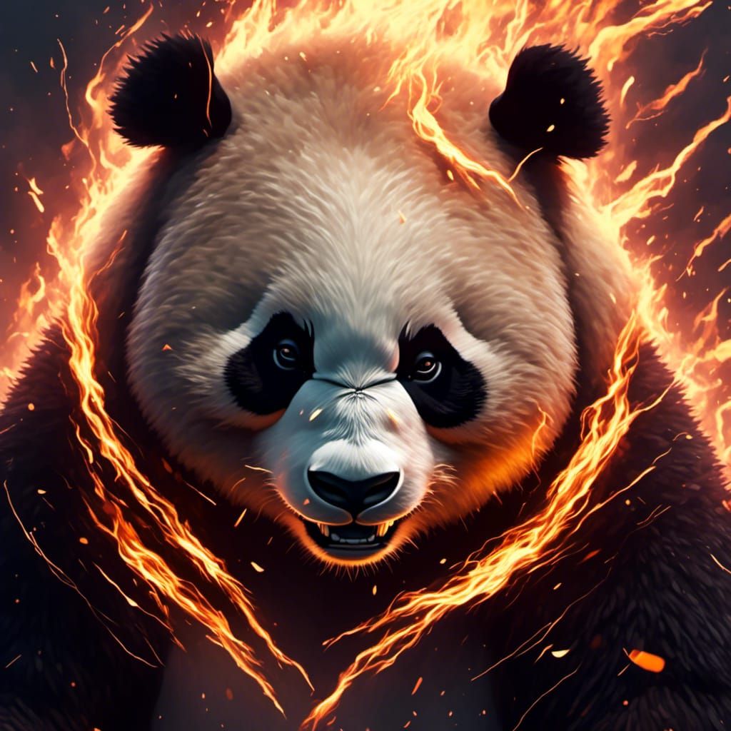 A panda with flaming electricity blazing from its eyes, mean looking ...
