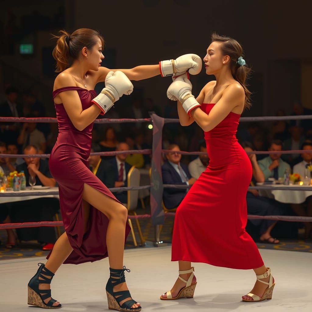 Women in fight - Women Boxers Clash in Elegant Dresses