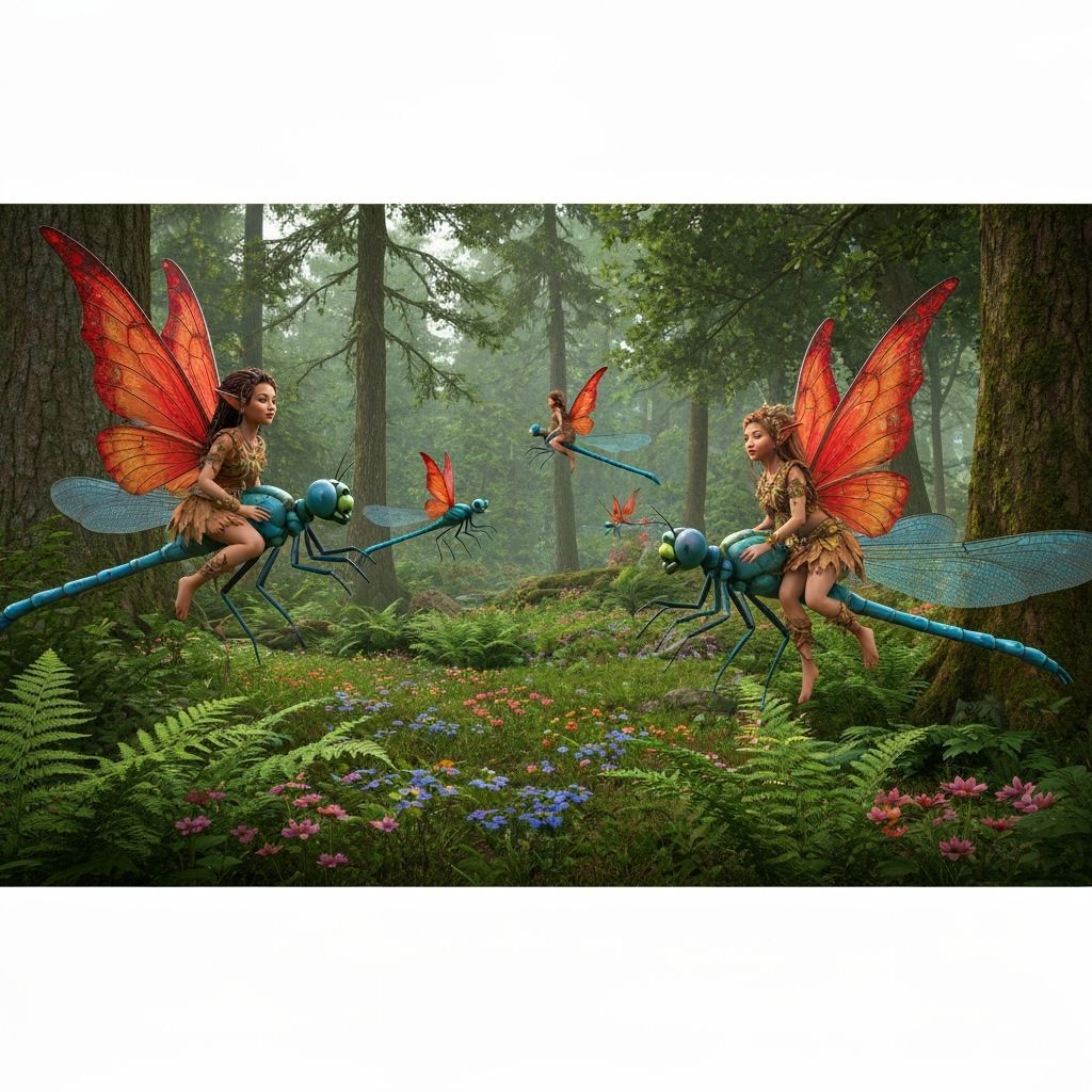 Fairies Ride Dragonflies in Whimsical Forest - AI Art