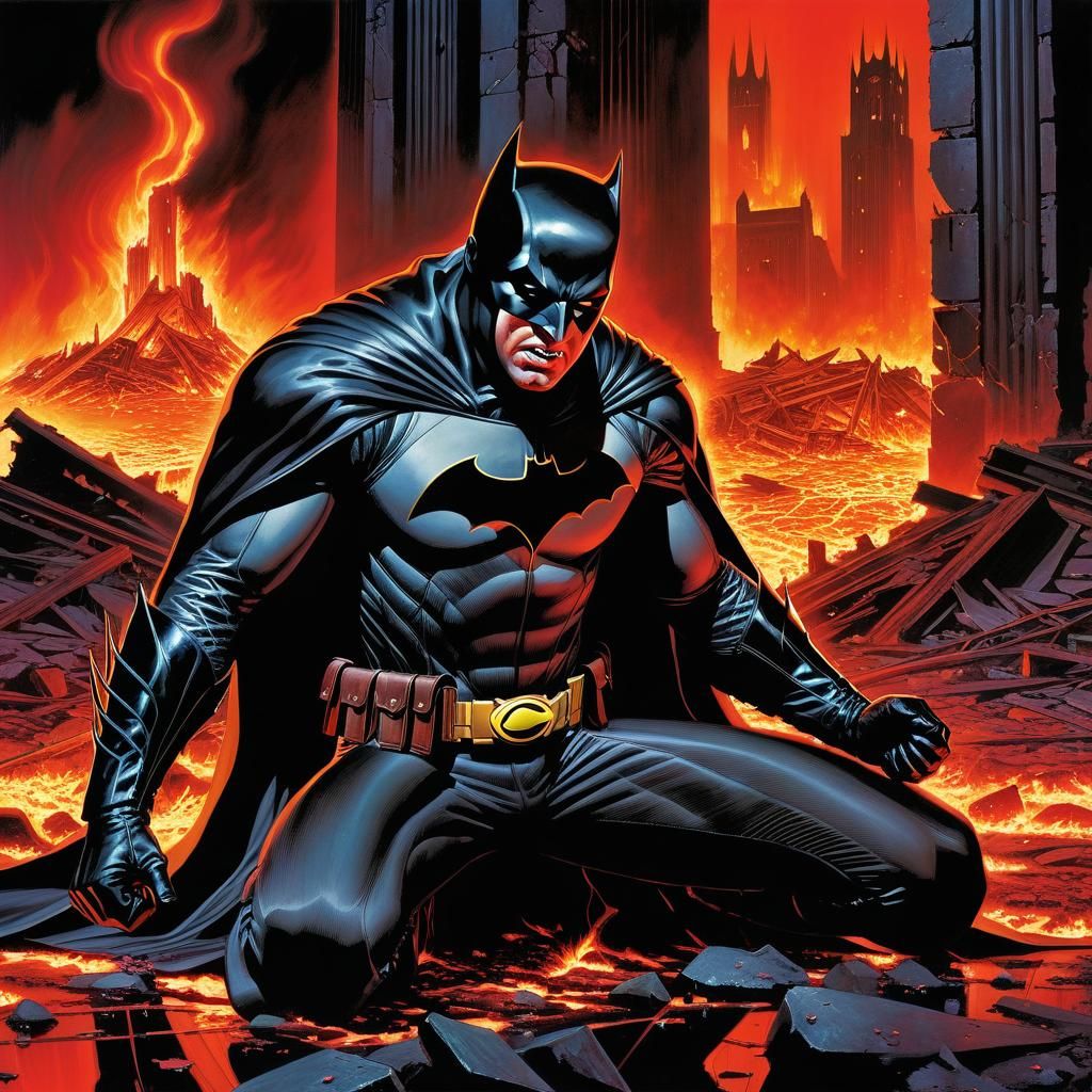 Batman kneeling on the ground in a firey ruin, weeping, shouting in ...