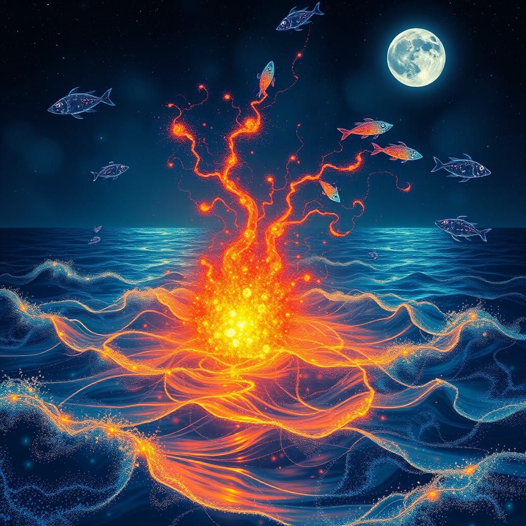 Fireball in the ocean - Vibrant Cosmic Fireball Illuminates...