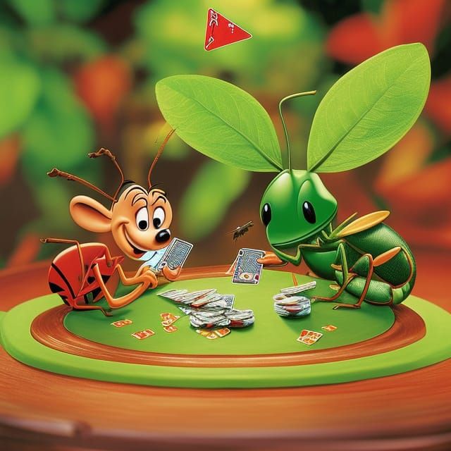 A comedy scene of a ant and a grasshopper playing poker on a leaf, with ...