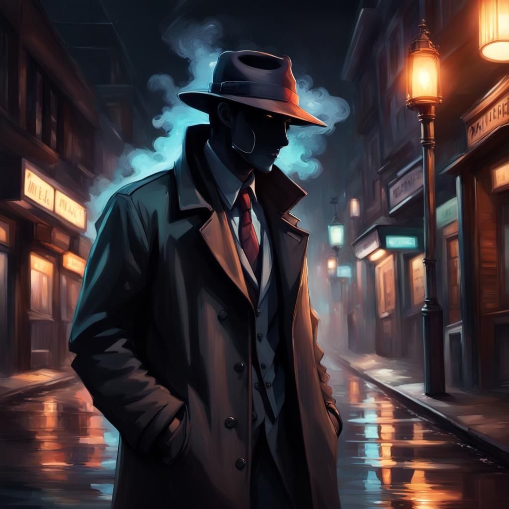 faceless detective, no face, dark, dark street, standing under light ...