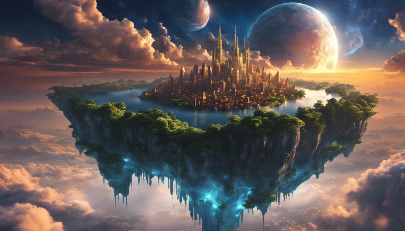 futuristic floating island city; above the earth in the clouds below ...