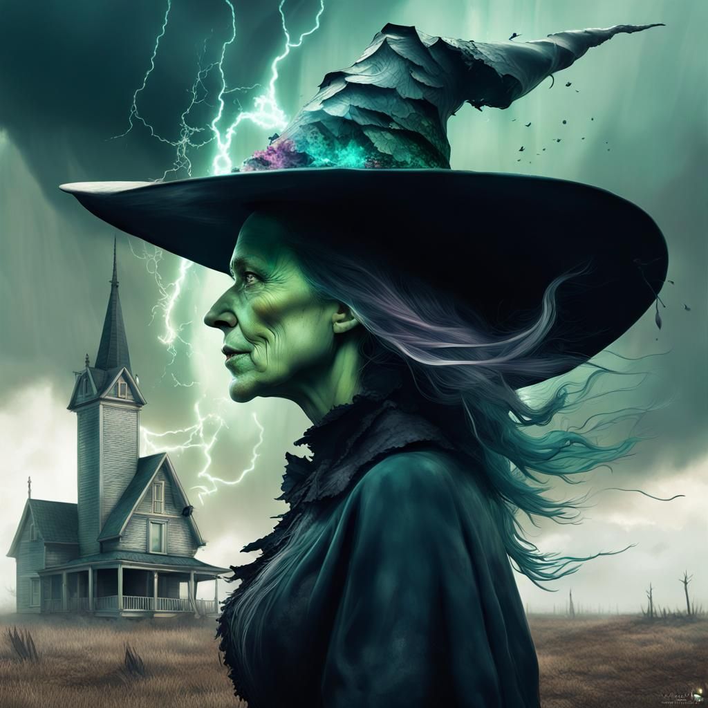 double exposure of "Side view portrait of wicked witch + tornado" A ...