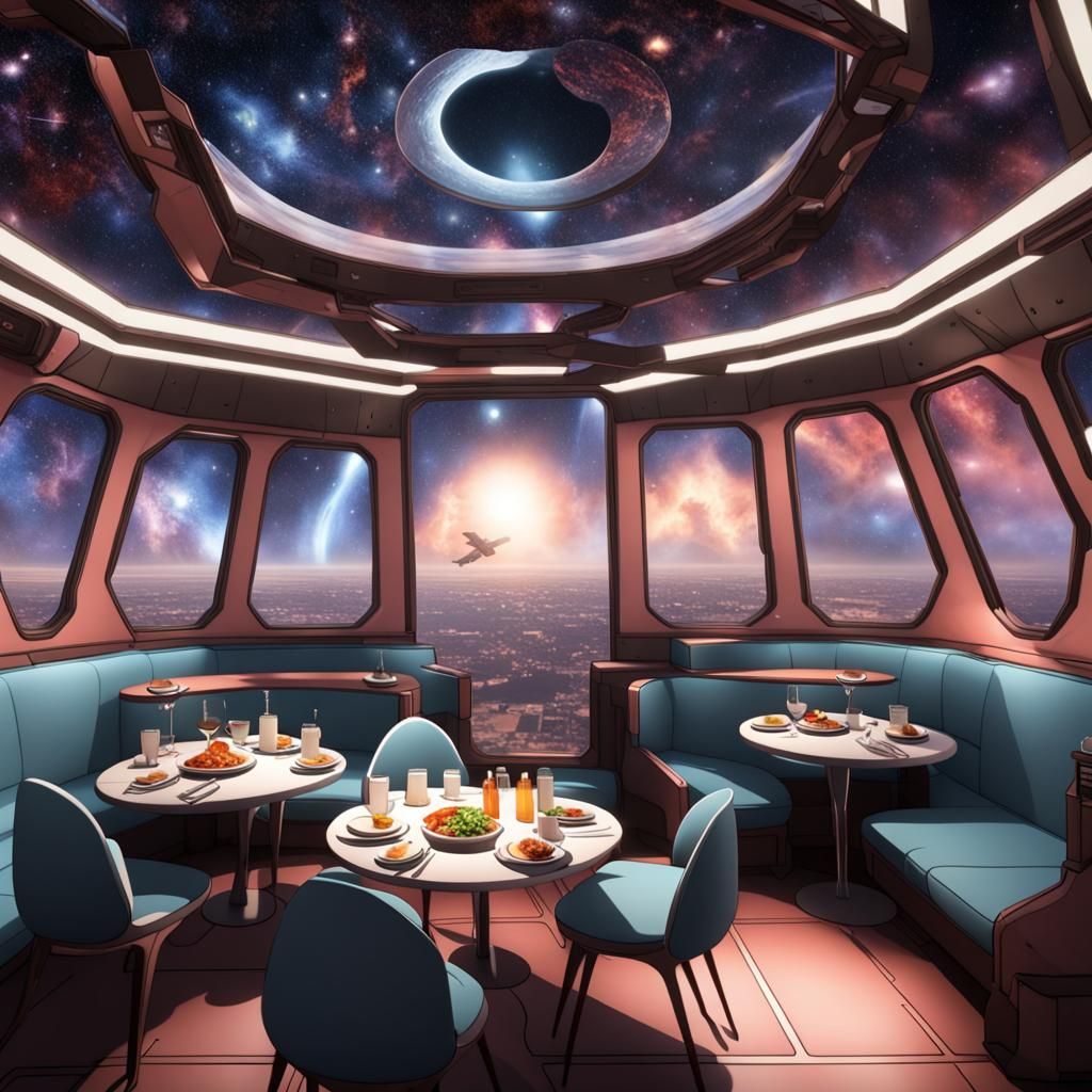 On-the-go restaurants roaming space colonies, serving cosmic-themed ...