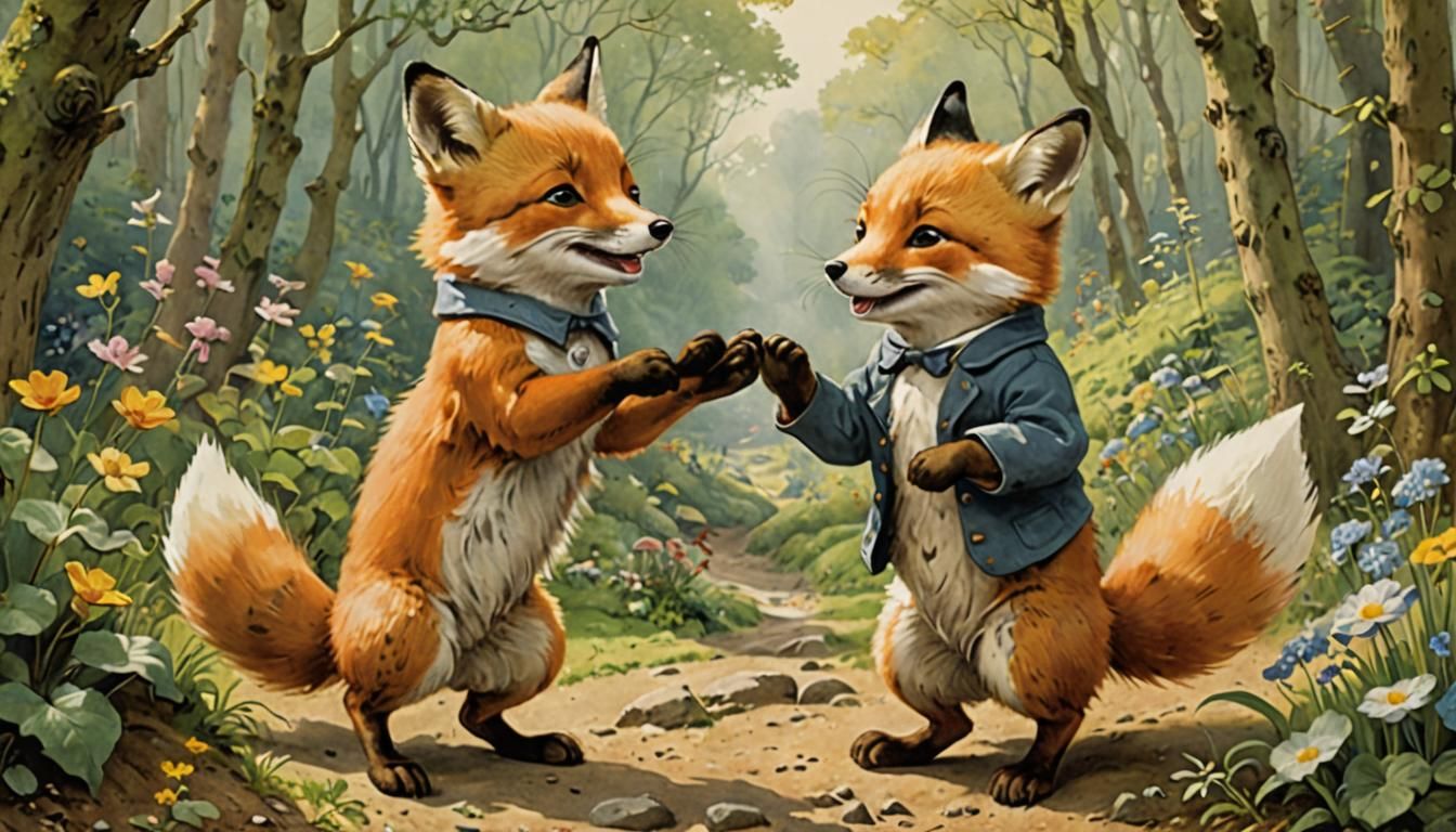 painting of two happy fox-friends doing a high-five by Beatrix Potter ...