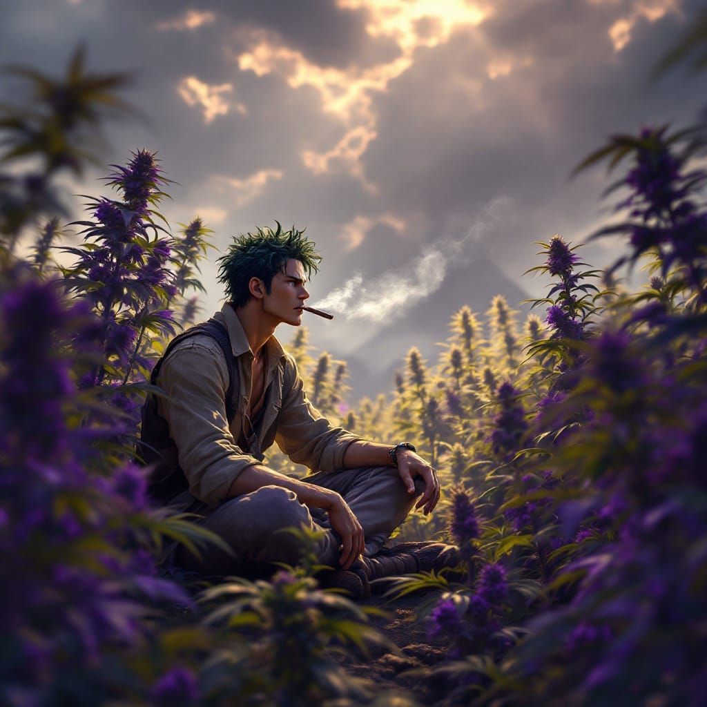 Dark Fantasy Roronoa Zoro Amidst a Cannabis Field - AI Art