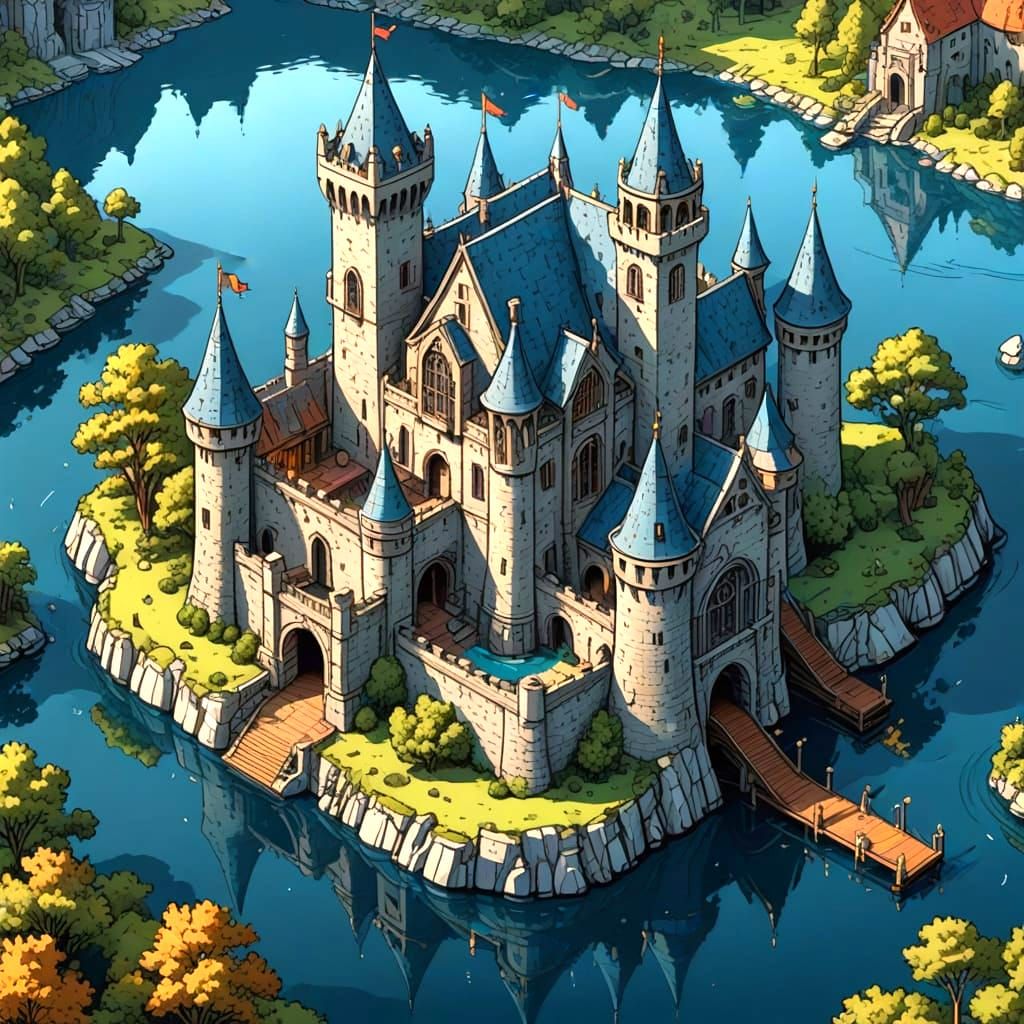 Medieval Fortress in Blueprint Style with Drawbrid... - AI Art