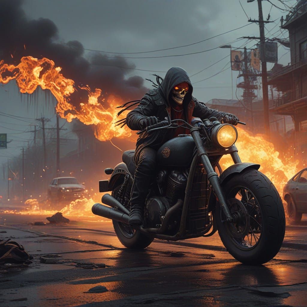 Gritty Skull Rider Ignites Rebel Flames - AI Art