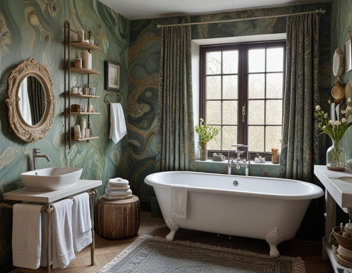 Boho-Scandi Bathroom with Crazy Lace Agate Tub